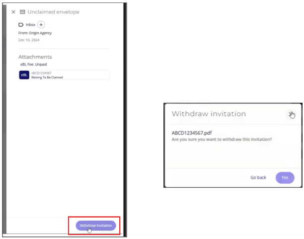 Withdraw or cancel an invitation sent to claim an eBL